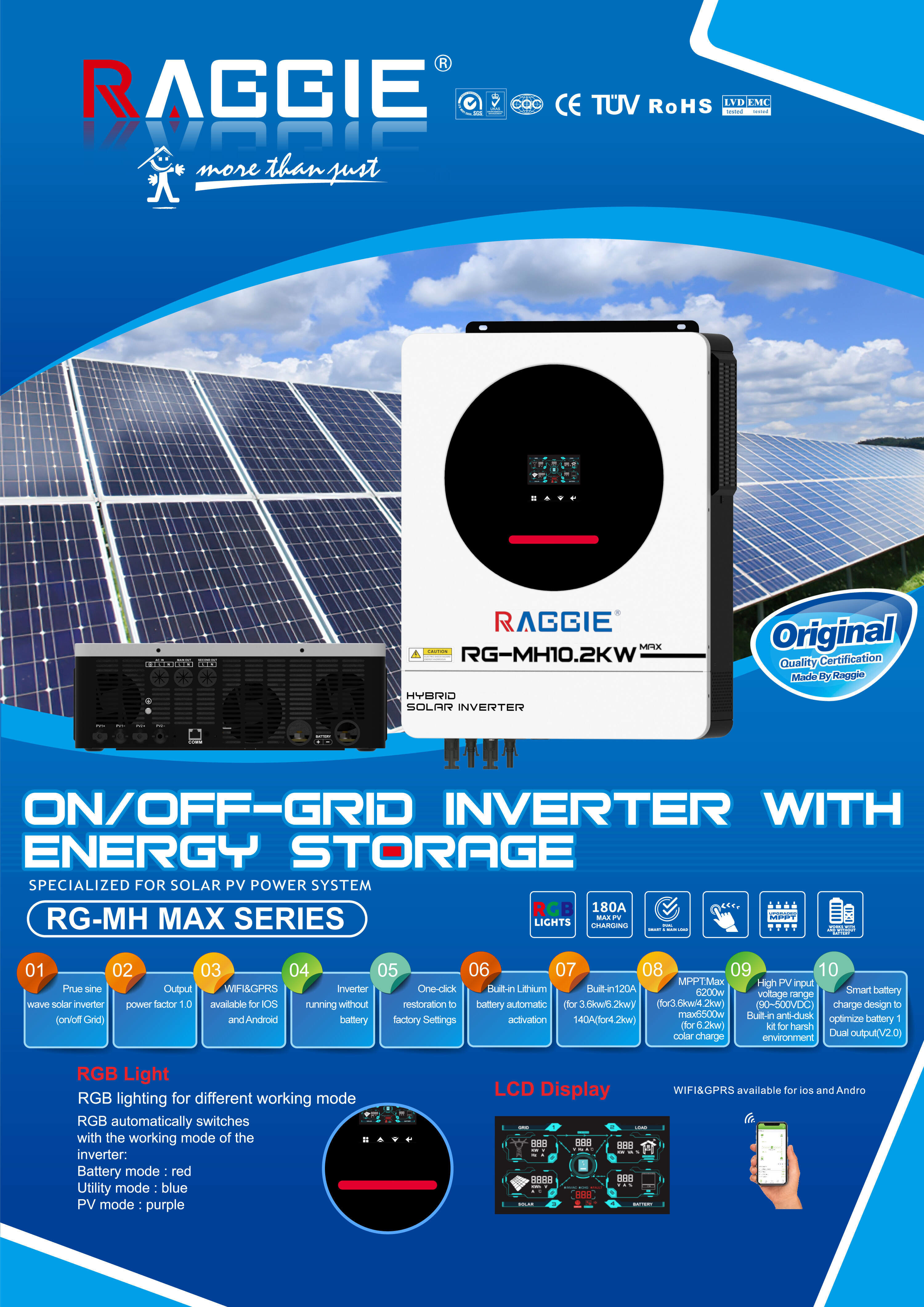 RAGGIE 10KW hybrdid solar inverter 10.2KW Hybrid Solar Inverter DC 48V ...