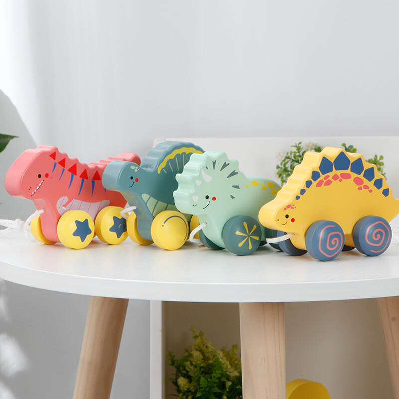 Wooden Cartoon Animal Dinosaur montessori rope Along Shape Toy Early ...