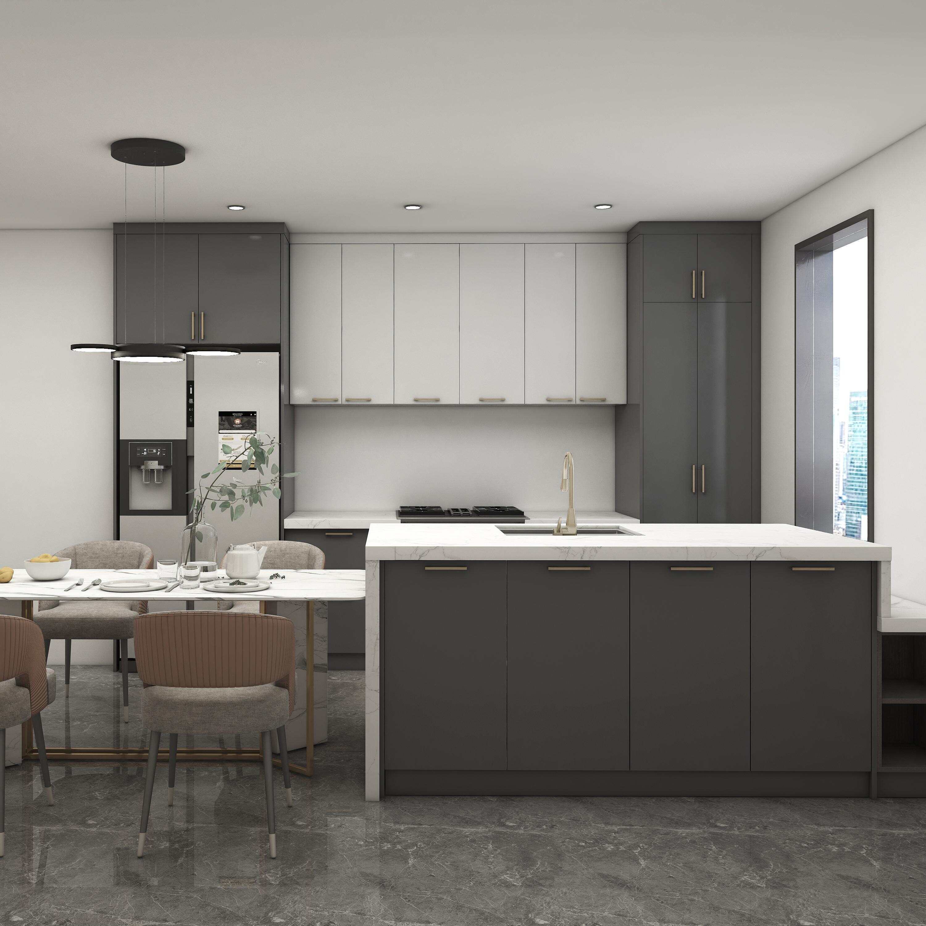 Pure Color Soft Skin PET Kitchen Cabinet with Island