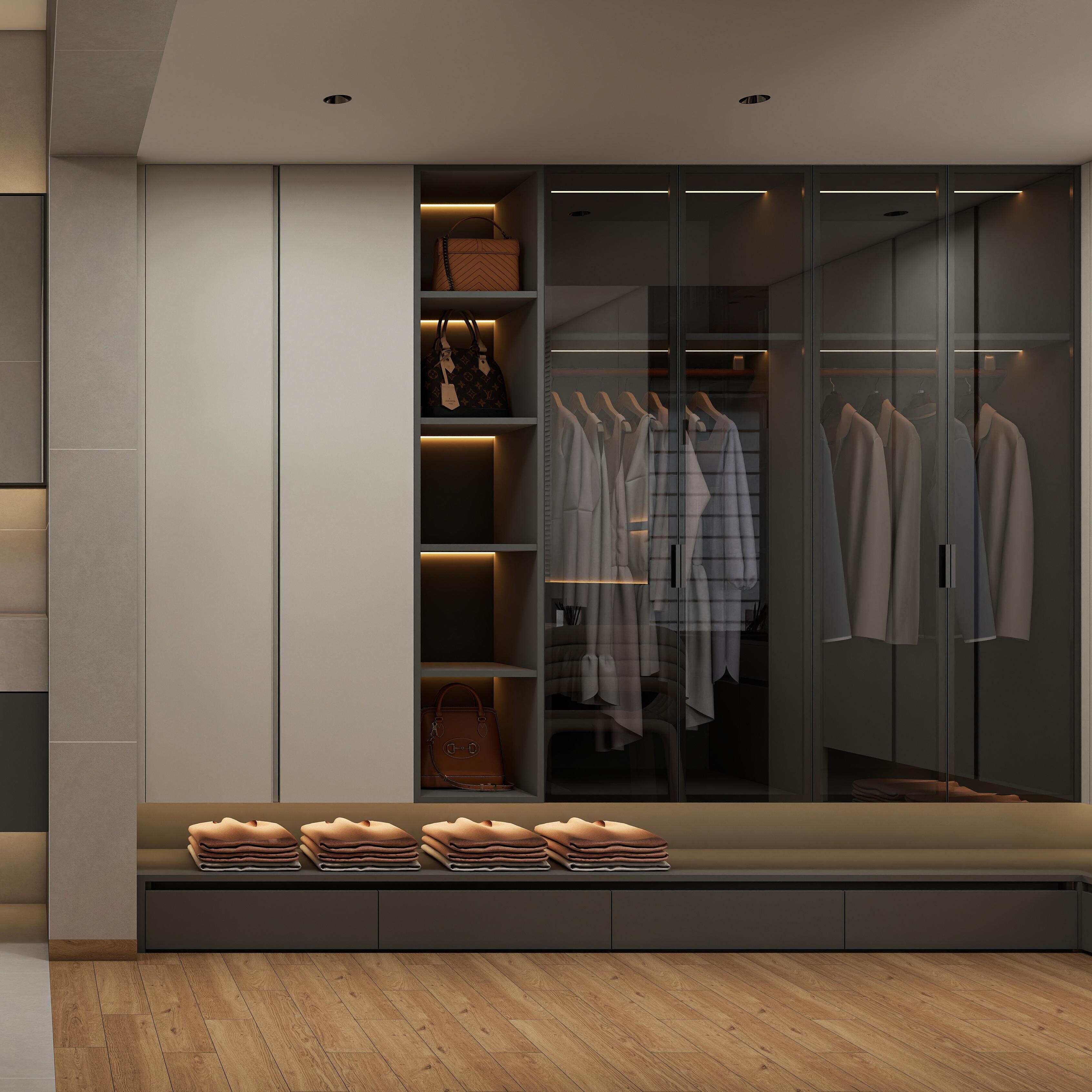 L Shape Matt Lacquer Walk-in Closet with Pieces of Ultra White Glass Door